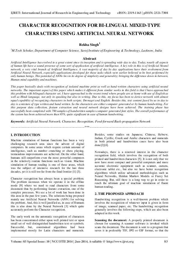 Pdf Character Recognition For Bi Lingual Mixed Type Characters Using Artificial Neural Network