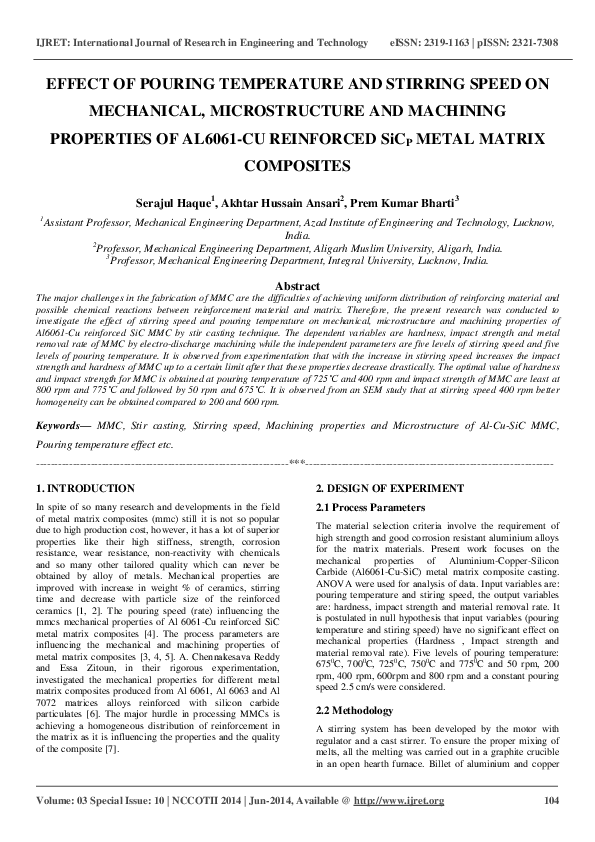 (PDF) EFFECT OF POURING TEMPERATURE AND STIRRING SPEED ON