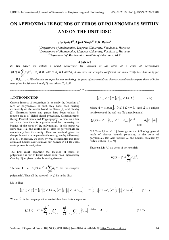 Pdf On Approximate Bounds Of Zeros Of Polynomials Within Editor Ijret