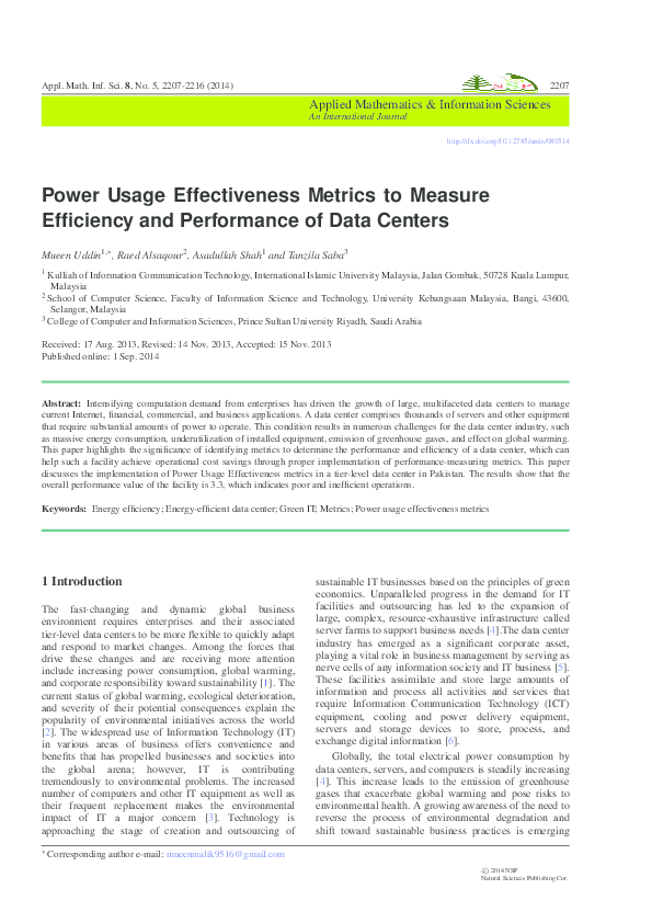 (PDF) Power Usage Effectiveness Metrics to Measure Efficiency and ...