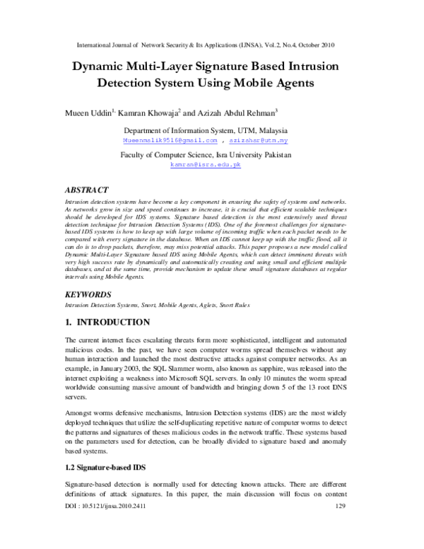 Pdf Dynamic Multi Layer Signature Based Intrusion Detection System Using Mobile Agents Mueen 