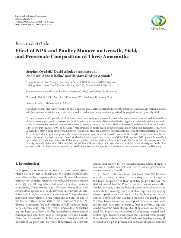 Pdf Effect Of Npk And Poultry Manure On Growth Yield And Proximate Composition Of Three