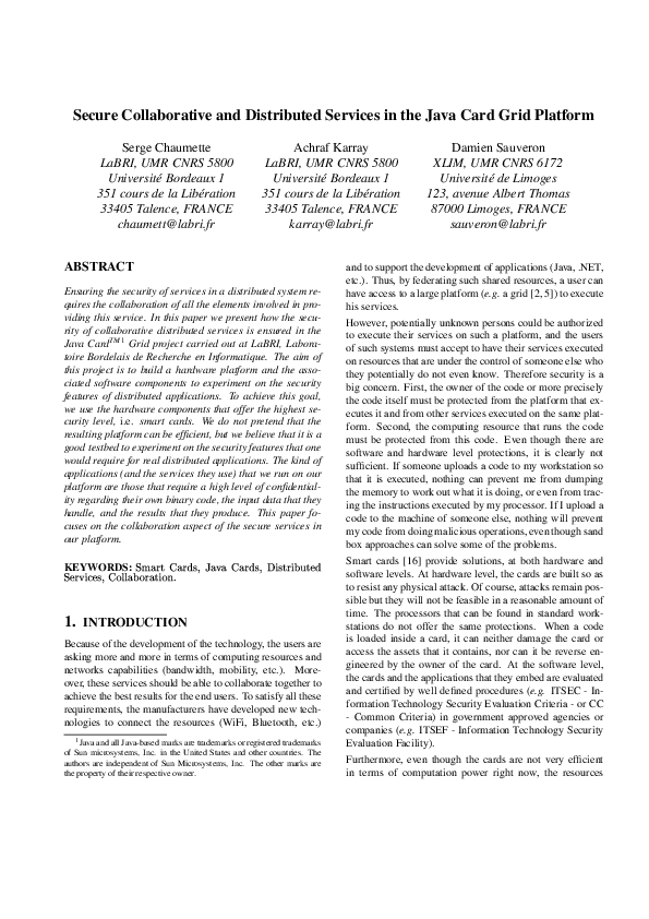 (PDF) Secure Collaborative and Distributed Services in the Java Card ...