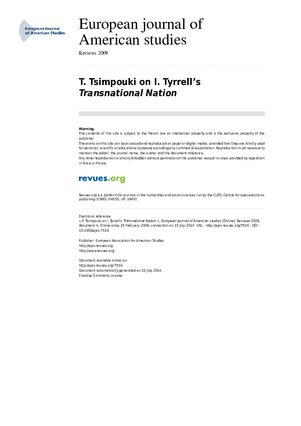 (PDF) Ian Tyrrell. Transnational Nation. United States History in ...