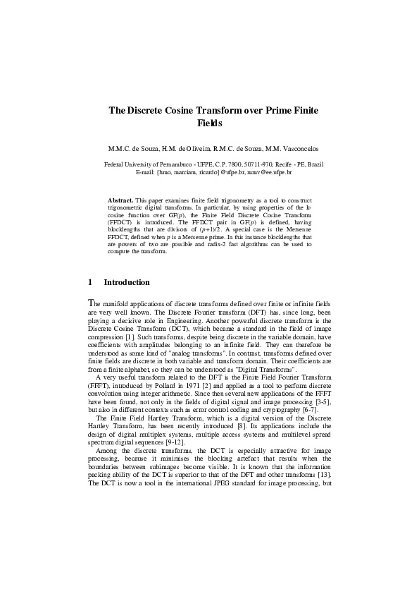 (PDF) The Discrete Cosine Transform Over Prime Finite Fields