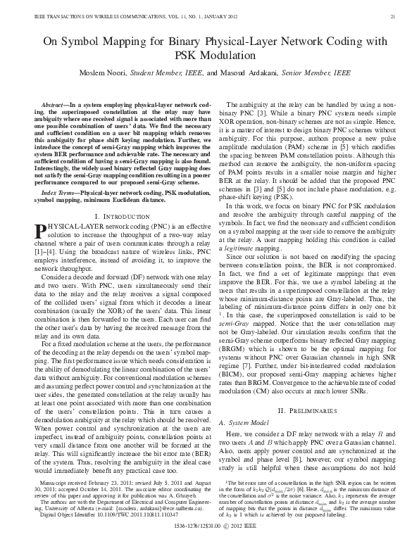 Pdf On Symbol Mapping For Binary Physical Layer Network Coding With Psk Modulation