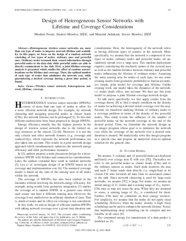 (PDF) Design of Heterogeneous Sensor Networks with Lifetime and Coverage Considerations