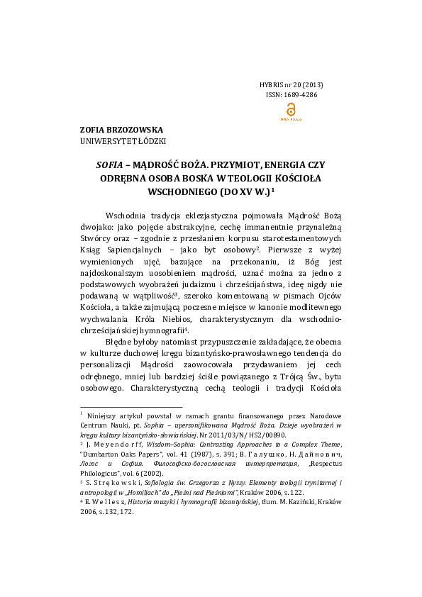 Sofia - Mądrość Boża. Przymiot, energia czy odrębna osoba Bo­ska w teologii Ko­ścioła ...