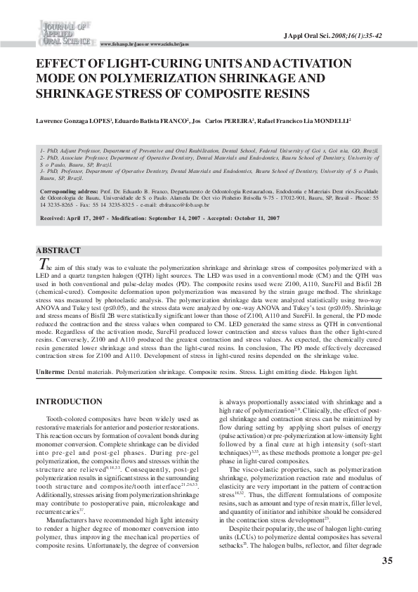 Pdf Effect Of Light Curing Units And Activation Mode On Polymerization Shrinkage And Shrinkage