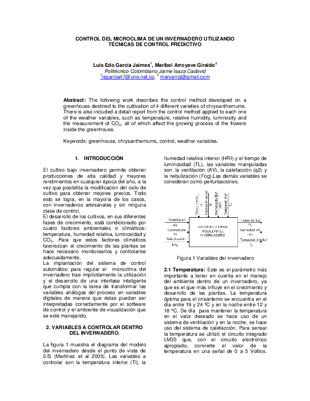(PDF) CONTROL DEL MICROCLIMA DE UN INVERNADERO UTILIZANDO TÉCNICAS DE ...