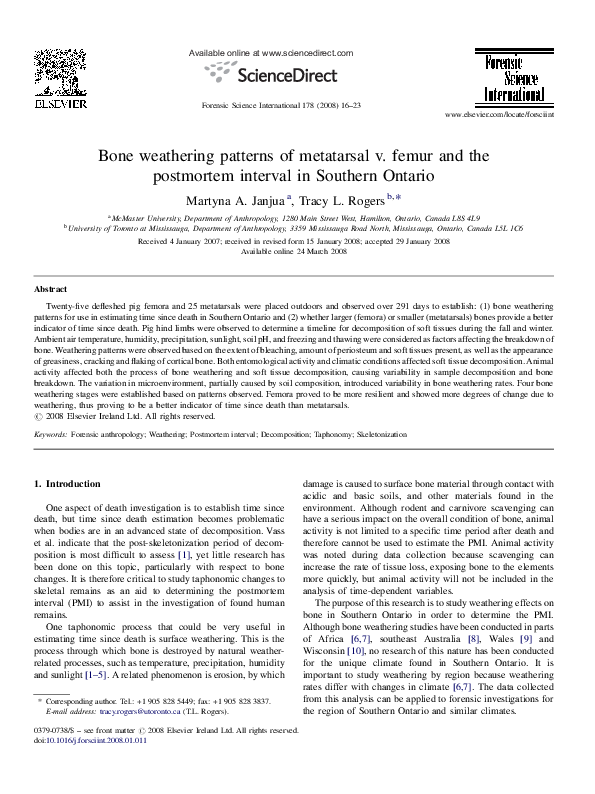 Bone weathering patterns of metatarsal v. femur and the postmortem ...