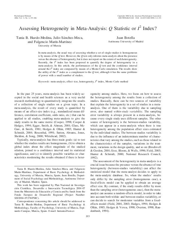 (PDF) Assessing heterogeneity in meta-analysis: Q statistic or I2 index