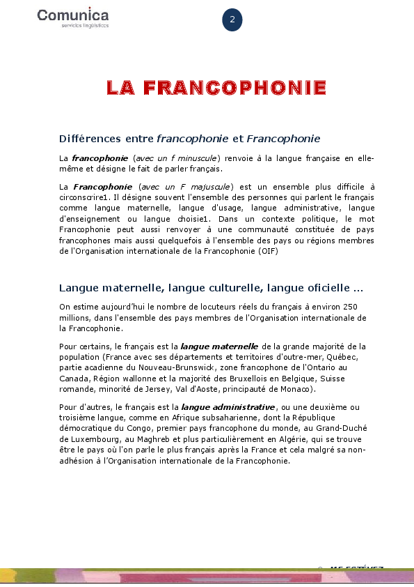 (DOC) LA FRANCOPHONIE Différences entre francophonie et Francophonie