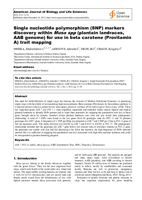 (PDF) Single nucleotide polymorphism (SNP) markers discovery within Musa spp (plantain landraces ...