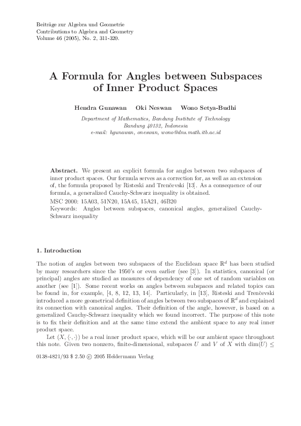 Pdf A Formula For Angles Between Subspaces Of Inner Product Spaces