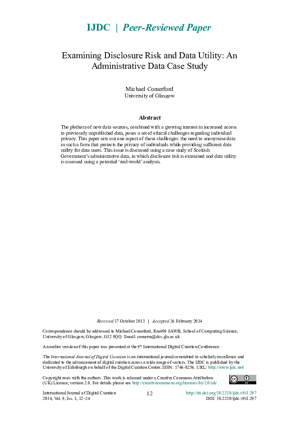 (PDF) IJDC | Peer-Reviewed Paper Examining Disclosure Risk and Data ...