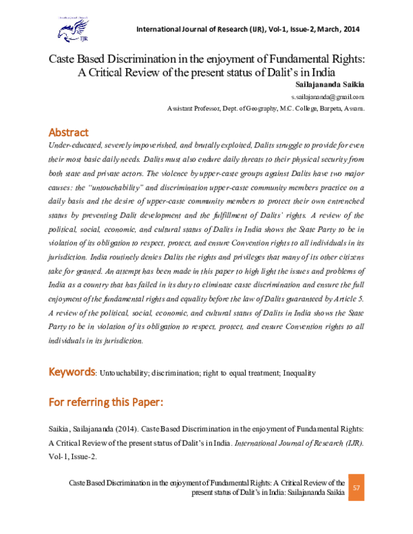 (PDF) CASTE BASED DISCRIMINATION IN THE ENJOYMENT OF FUNDAMENTAL RIGHTS ...