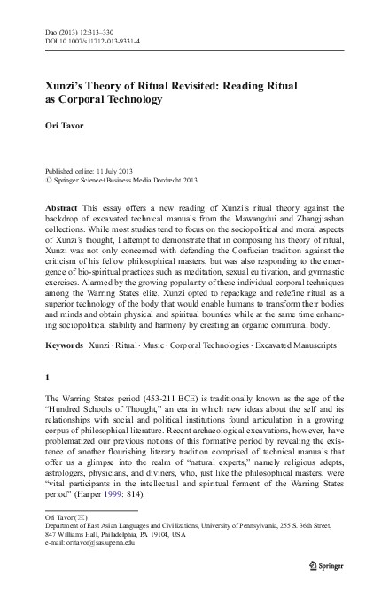 (PDF) Xunzi’s Theory of Ritual Revisited: Reading Ritual as Corporal ...