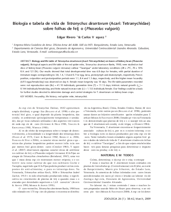 (PDF) Biologia e tabela de vida de Tetranychus desertorum (Acari ...
