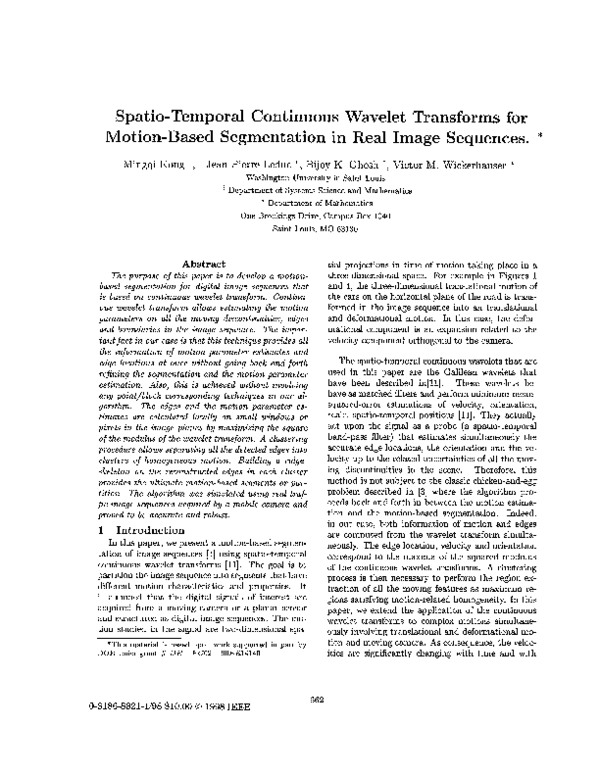Pdf Spatio Temporal Continuous Wavelet Transforms For Motion Based Segmentation In Real Image