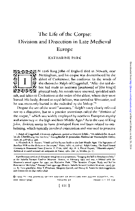 (PDF) "The Life of the Corpse: Dissection and Division in Late Medieval ...