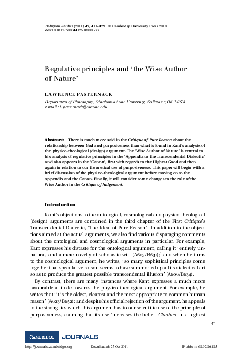 (PDF) Regulative Principles and the ‘Wise Author of Nature’ (Religious ...