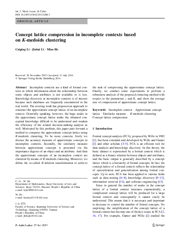 Pdf Concept Lattice Compression In Incomplete Contexts Based On K Medoids Clustering