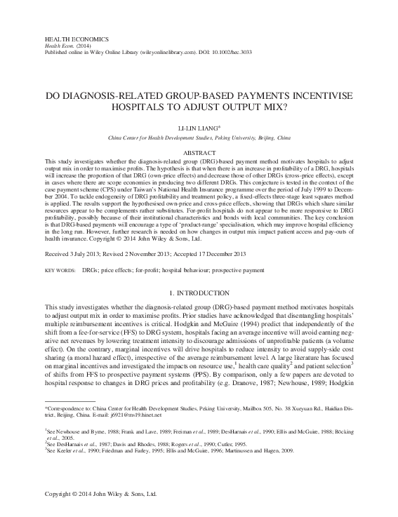 (PDF) Do DRG-Based Payments Incentivize Hospitals to Adjust Output Mix