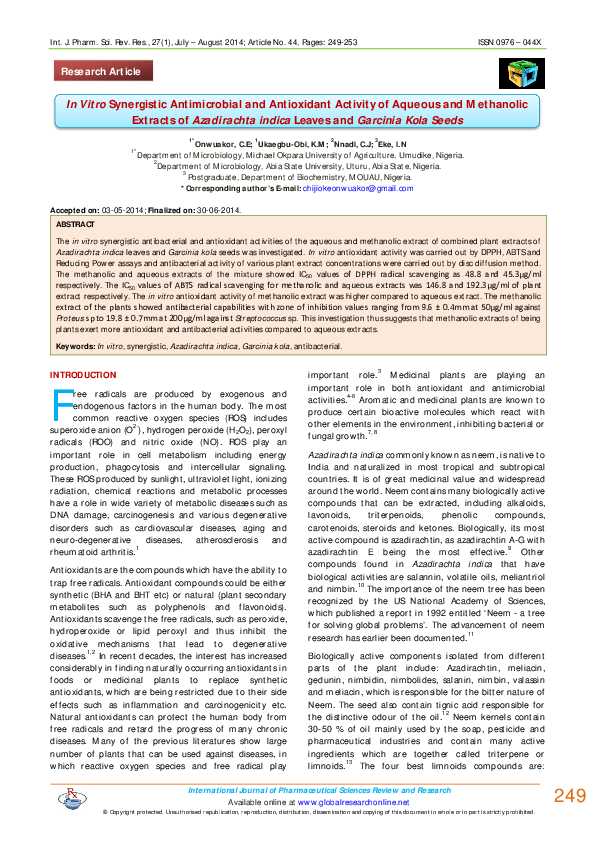 (PDF) In Vitro Synergistic Antimicrobial and Antioxidant Activity of Aqueous and Methanolic ...