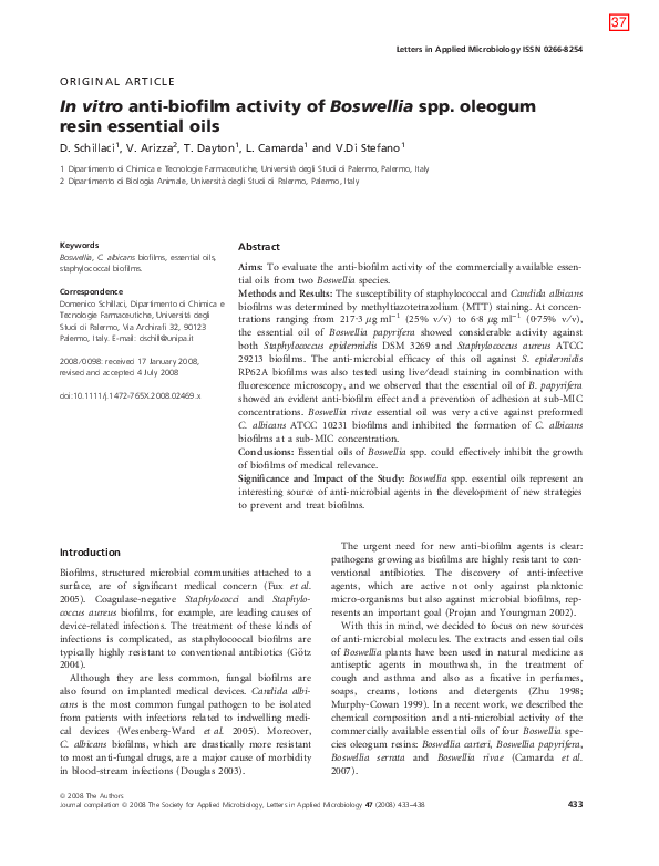 Pdf In Vitro Anti Biofilm Activity Of Boswellia Spp Oleogum Resin Essential Oils