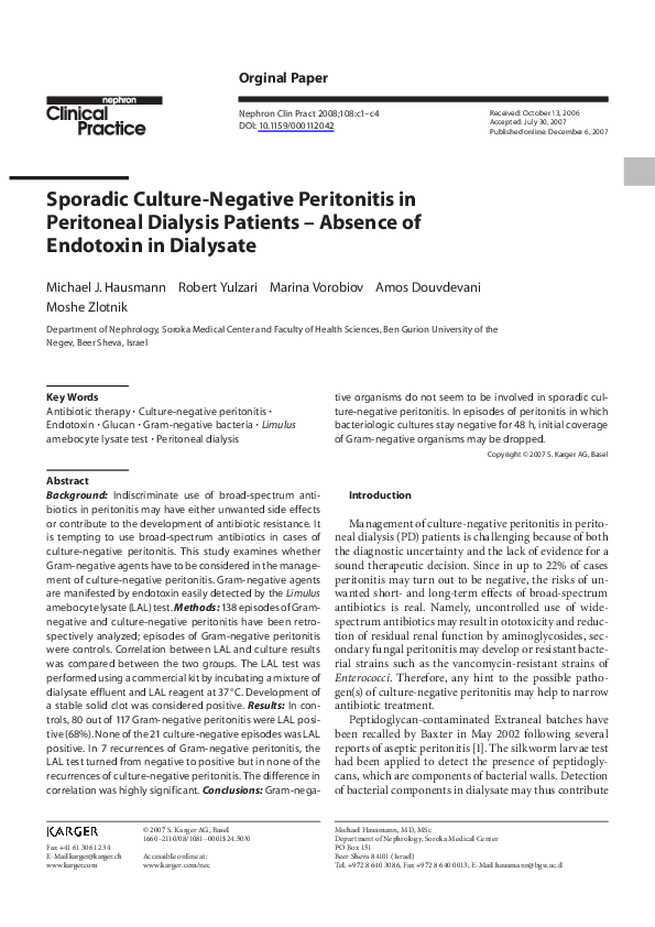 Pdf 15 Lal In Culture Negative Peritonitis Nephron 2008