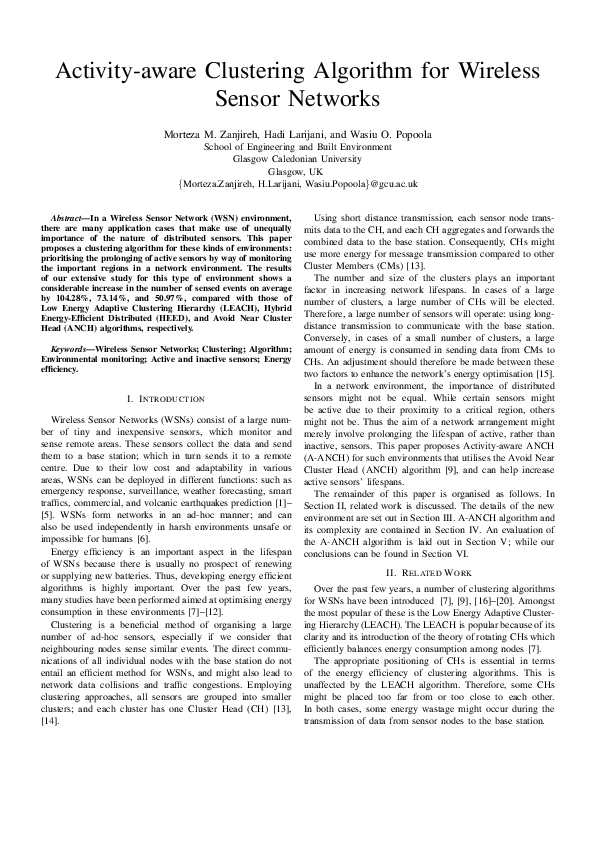 Pdf Activity Aware Clustering Algorithm For Wireless Sensor Networks