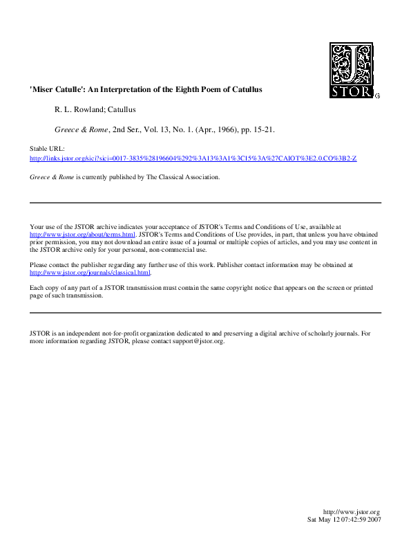 Miser Catulle: an interpretation of the eighth poem of Catullus (1966)