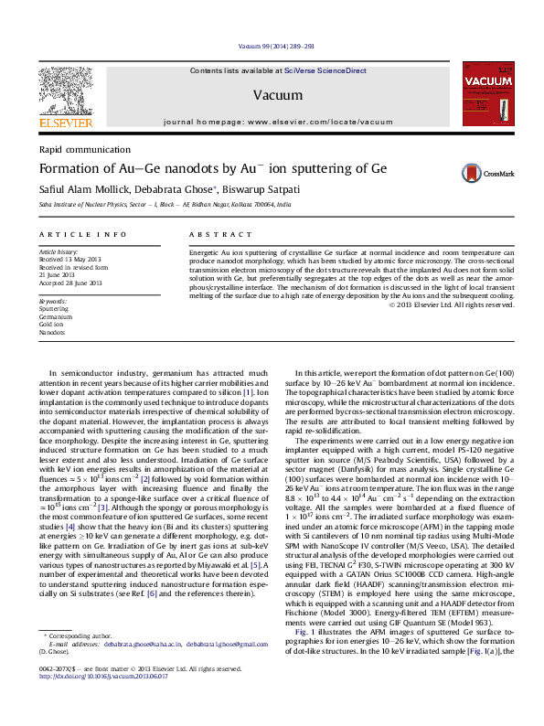 (PDF) Formation of AueGe nanodots by Au ion sputtering of Ge