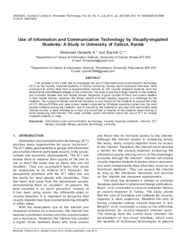 (PDF) Use of Information and Communication Technology by Visually-impaired Students: A Study in ...