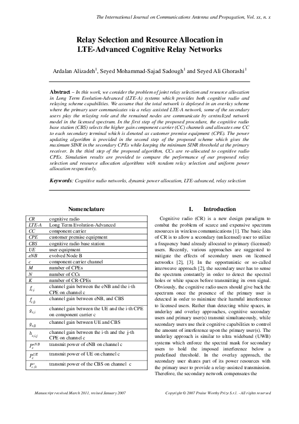 Pdf Relay Selection And Resource Allocation In Lte Advanced Cognitive Relay Networks