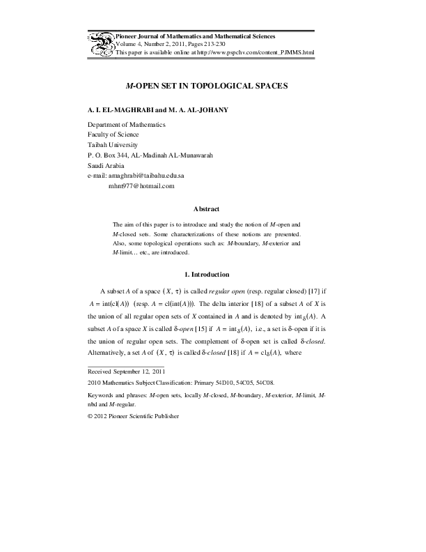 (PDF) M-OPEN SET IN TOPOLOGICAL SPACES
