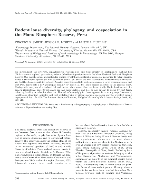 (PDF) Rodent louse diversity, phylogeny, and cospeciation in the Manu ...