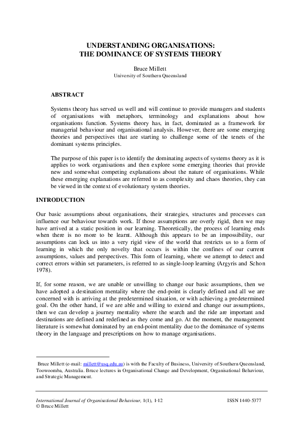 (PDF) UNDERSTANDING ORGANISATIONS: THE DOMINANCE OF SYSTEMS THEORY