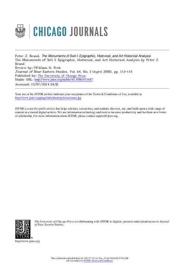 (PDF) Peter J. Brand, The Monuments of Seti I: Epigraphic, Historical ...