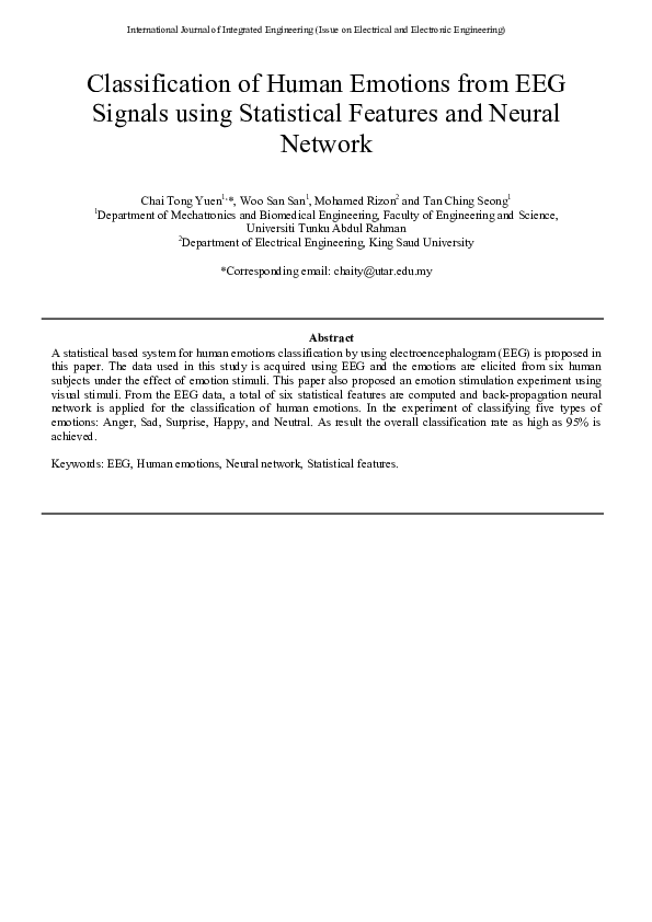 Pdf Classification Of Human Emotions From Eeg Signals Using Statistical Features And Neural