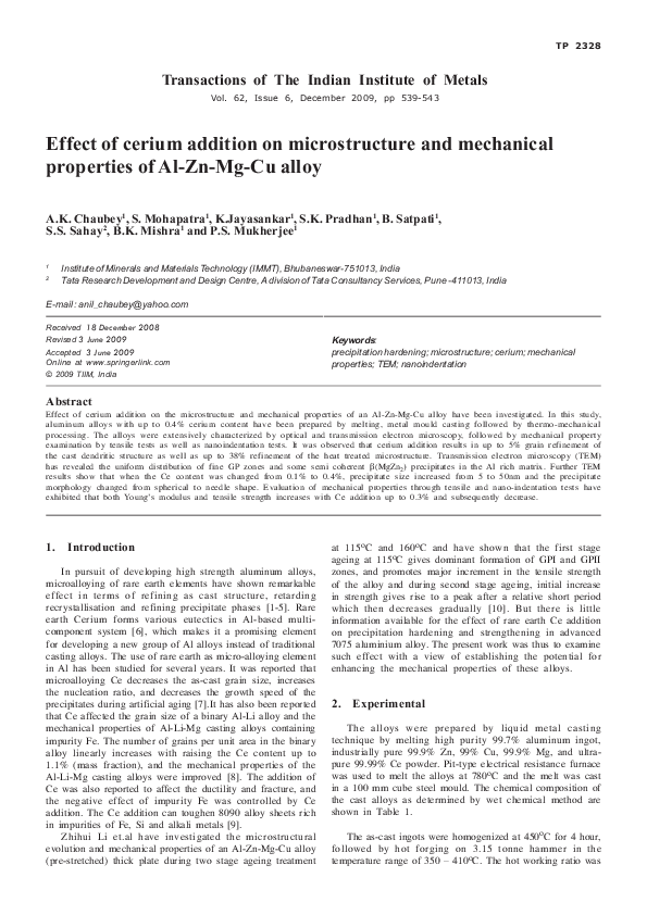 (PDF) Effect of cerium addition on microstructure and mechanical properties of Al-Zn-Mg-Cu alloy