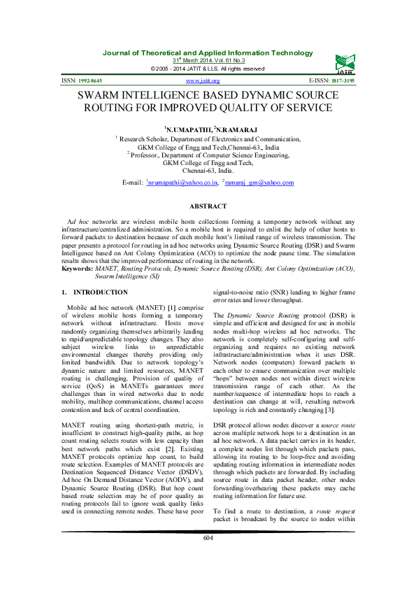 (PDF) SWARM INTELLIGENCE BASED DYNAMIC SOURCE ROUTING FOR IMPROVED QUALITY OF SERVICE