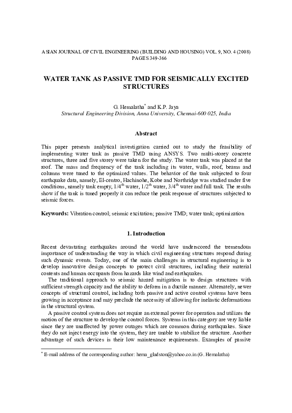 Pdf Water Tank As Passive Tmd For Seismically Excited Structures