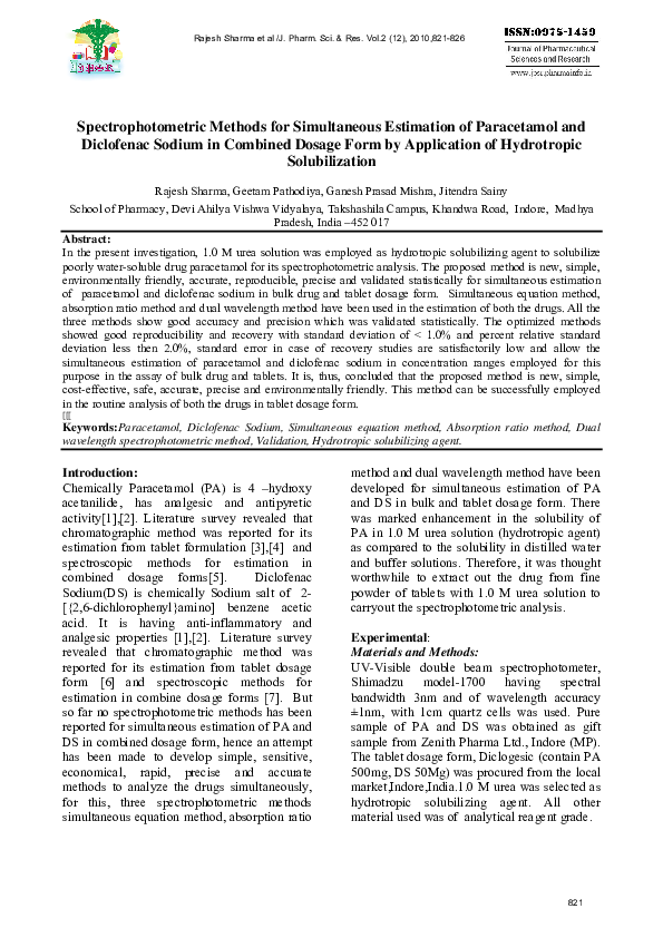 Pdf Spectrophotometric Methods For Simultaneous Estimation Of Paracetamol And Diclofenac
