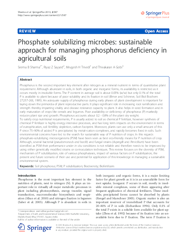(PDF) R Phosphate solubilizing microbes: sustainable approach for managing phosphorus deficiency ...