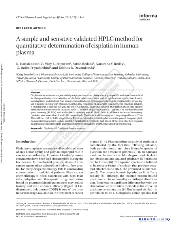 (PDF) A simple and sensitive validated HPLC method for quantitative determination of cisplatin ...