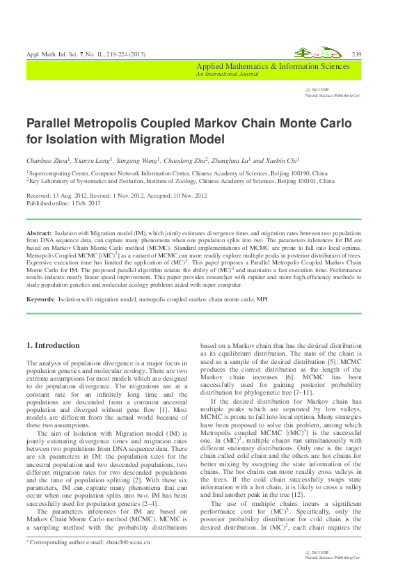 (PDF) 2013 Parallel Metropolis Coupled Markov Chain Monte Carlo for Isolation with Migration Model