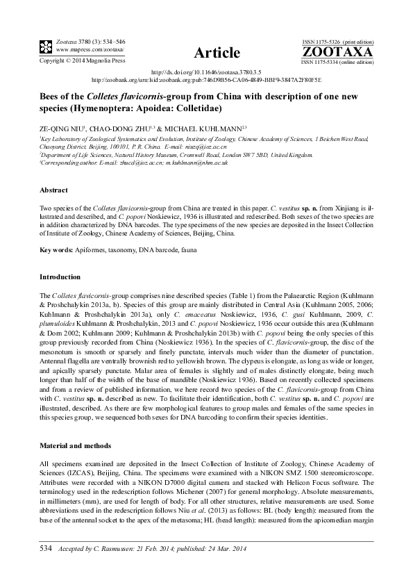 (PDF) 2014 Niu Bees of the Colletes flavicornis-group from China with ...