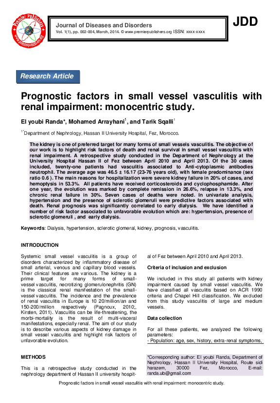 (PDF) Prognostic factors in small vessel vasculitis with renal ...